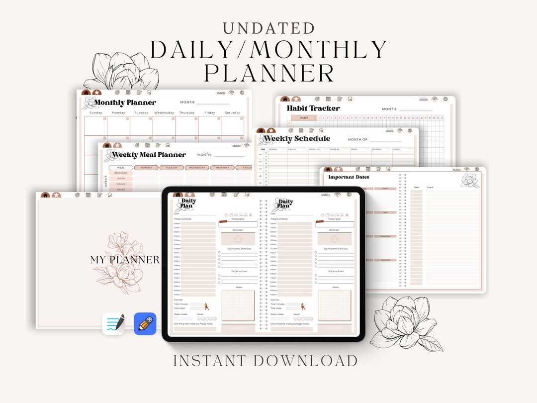 Minimalistic Undated Digital Planner – Monthly, Weekly, Daily Planner ...