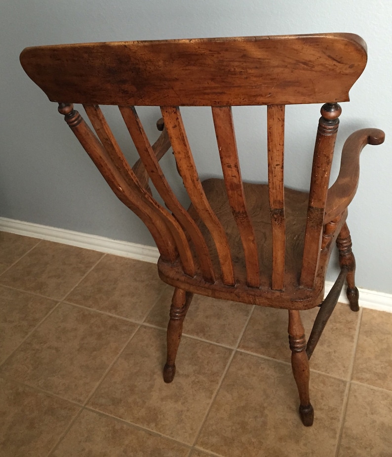 Antique Primitive English Slat High Back Curved Wooden Dining Arm Chair ...