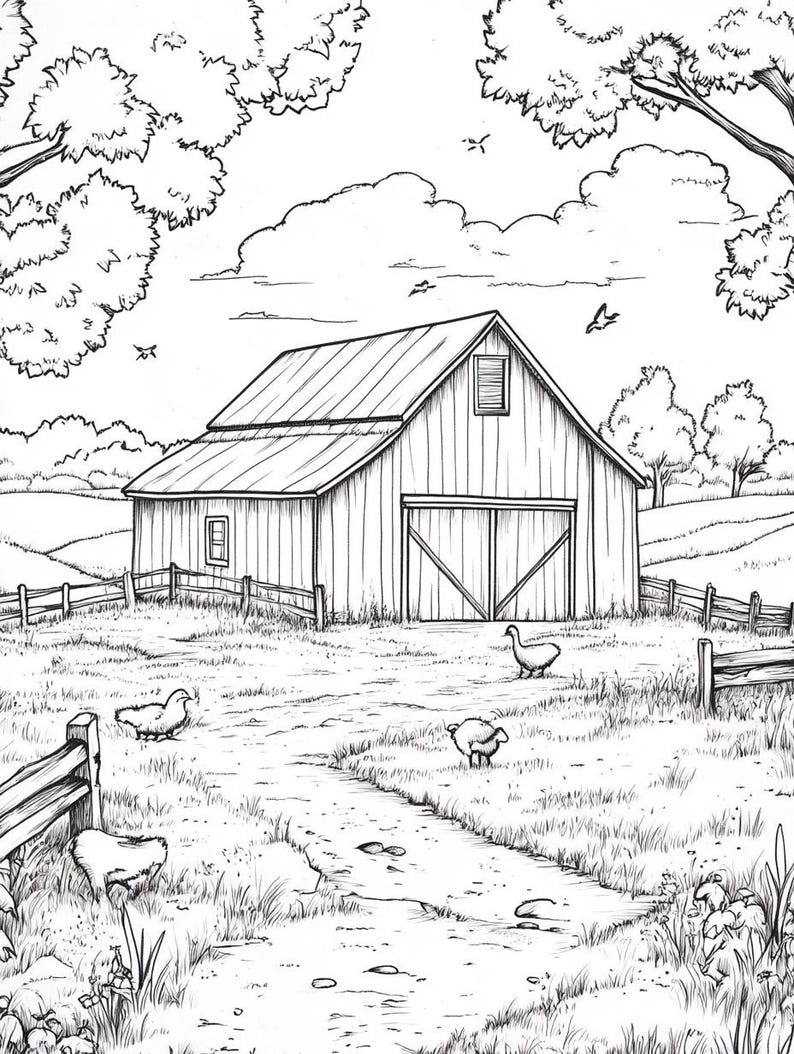 50 Farm Animal Barn Coloring Pages - Kids Adults Coloring Book - Light ...