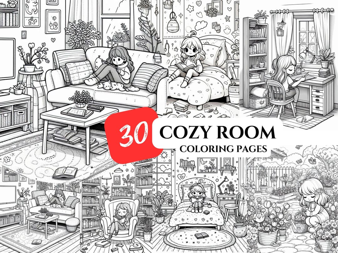 30 Cozy Room Coloring Pages | Relaxing Isometric Interiors | Printable ...