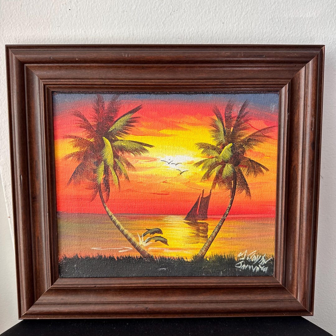 Vintage Tropical Sunset Oil Painting Palm Trees Seascape Framed 1970s ...