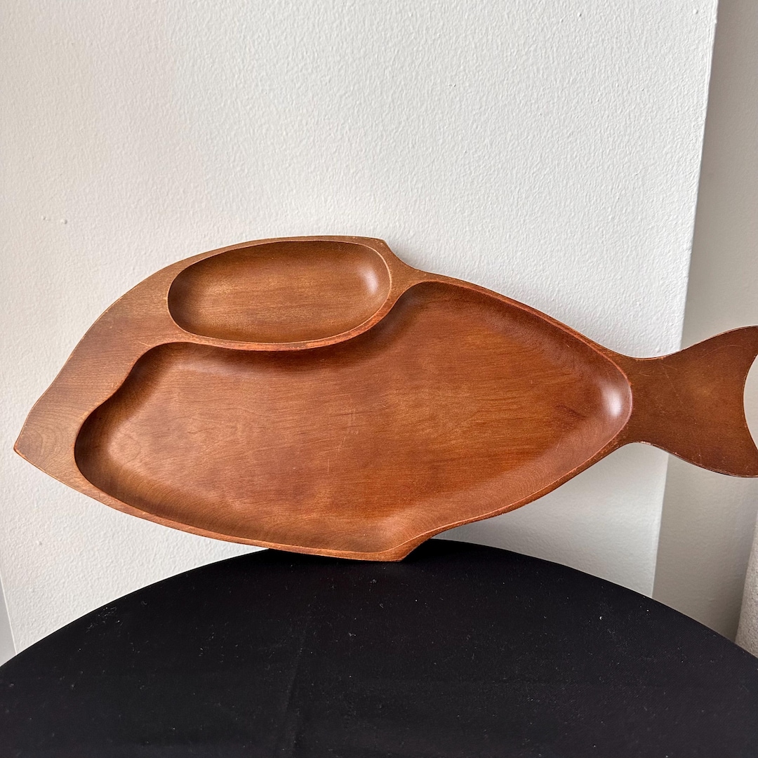 Vintage Mid-century Modern Wooden Fish Serving Tray – 2-compartment ...