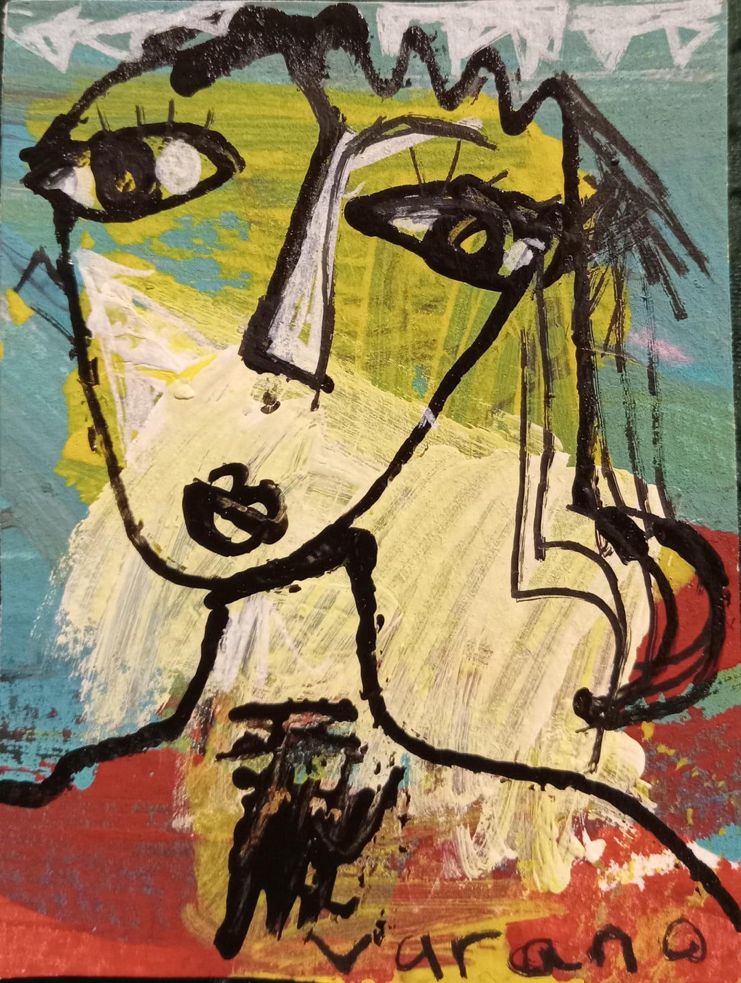 Original Abstract Cubist Whimsical Girl Portrait Aceo Art Card Outsider ...