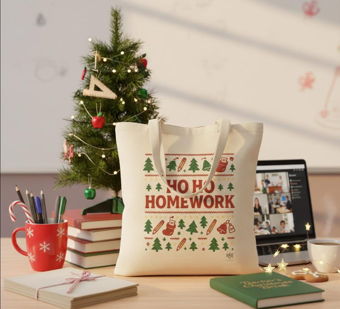 Funny Teacher Christmas Tote Bag | "ho Ho Homework" Cotton Canvas - Etsy
