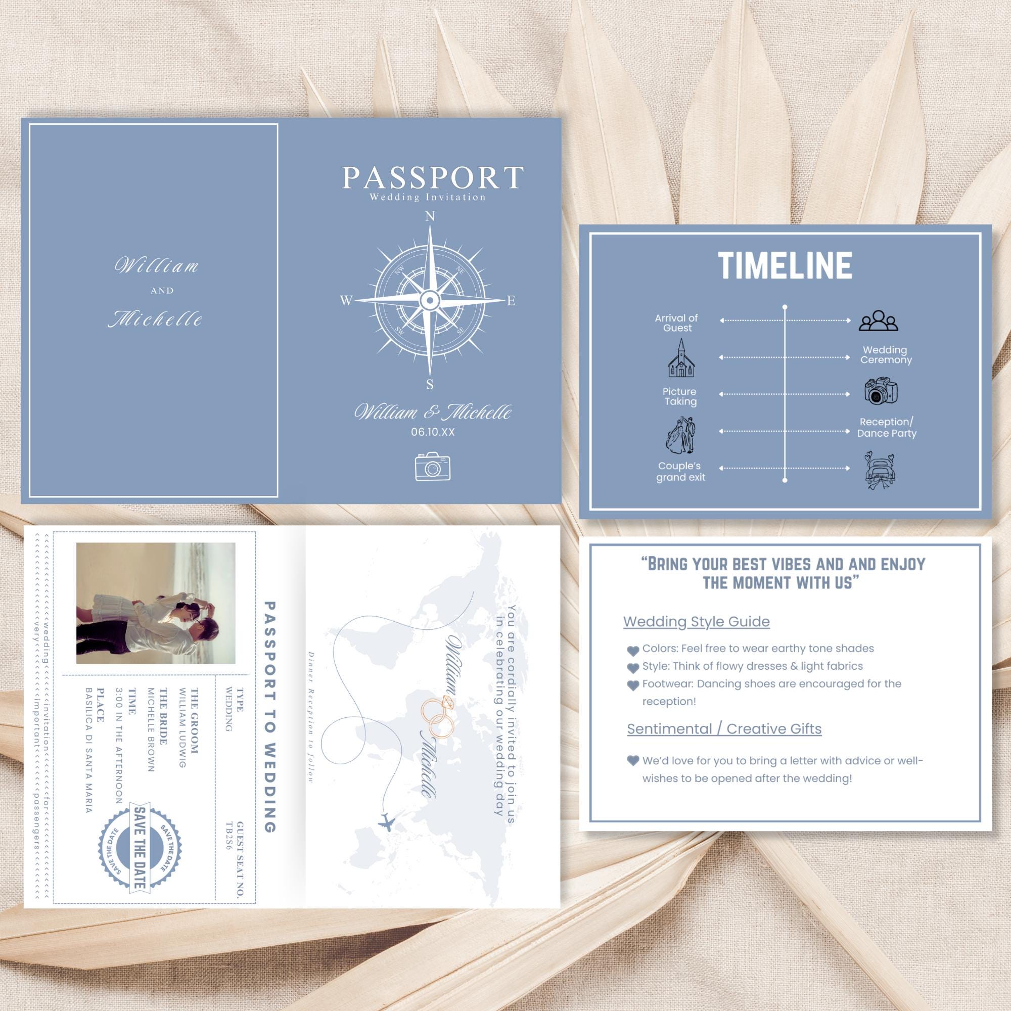 Dusty Blue Travel Theme Wedding Invitation Set Personalized Passport Destination Wedding Invites ...