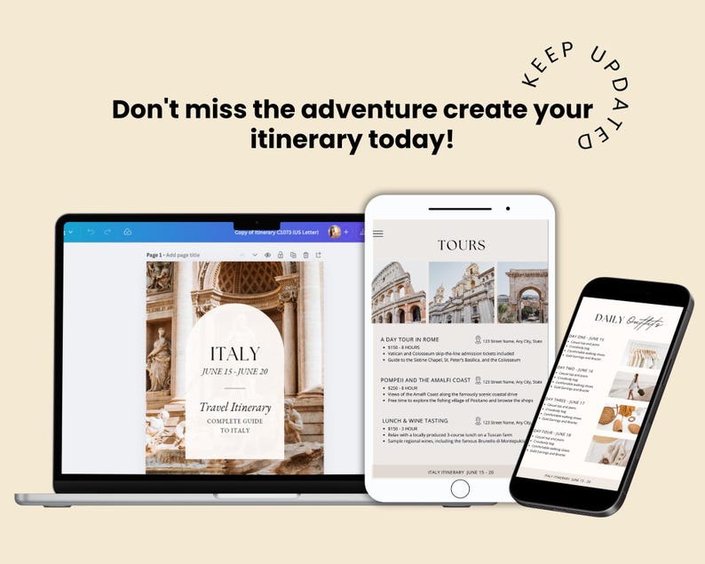Printable Travel Itinerary Girls Trip Italy Vacation Planner Template ...
