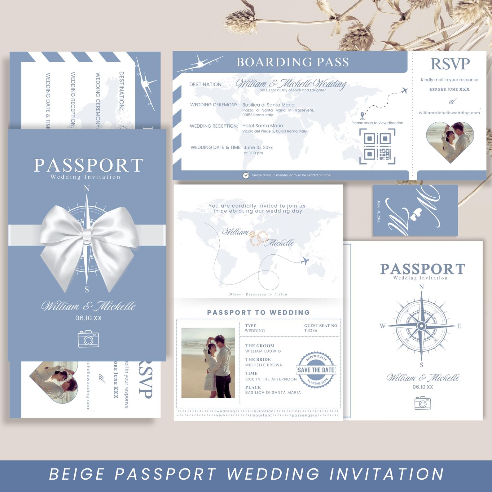 Dusty Blue Travel Theme Wedding Invitation Set Personalized Passport ...