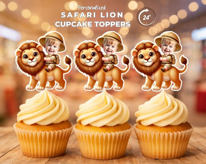 Safari Lion Personalized Face Cupcake Toppers , Safari Custom Party ...