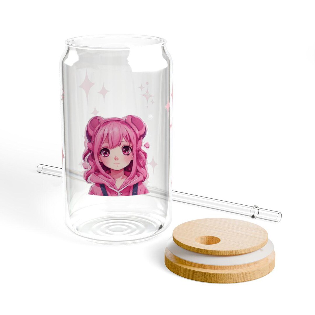 Cute Anime Sipper Glass, 16oz - Pink Japanese Cartoon Character Cup ...