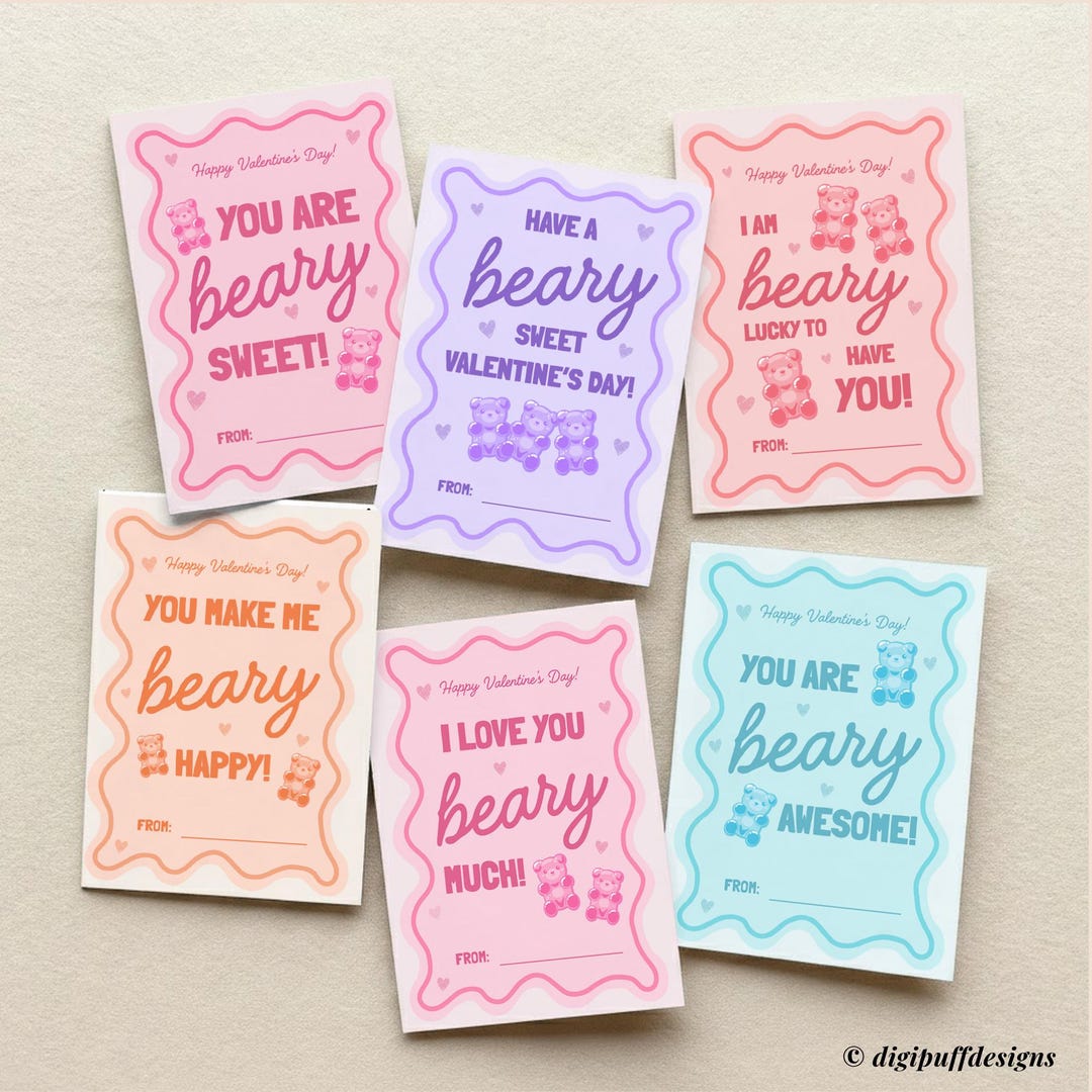 Cute Pastel Gummy Bear Valentine Cards, Beary Valentines Exchange Cards ...