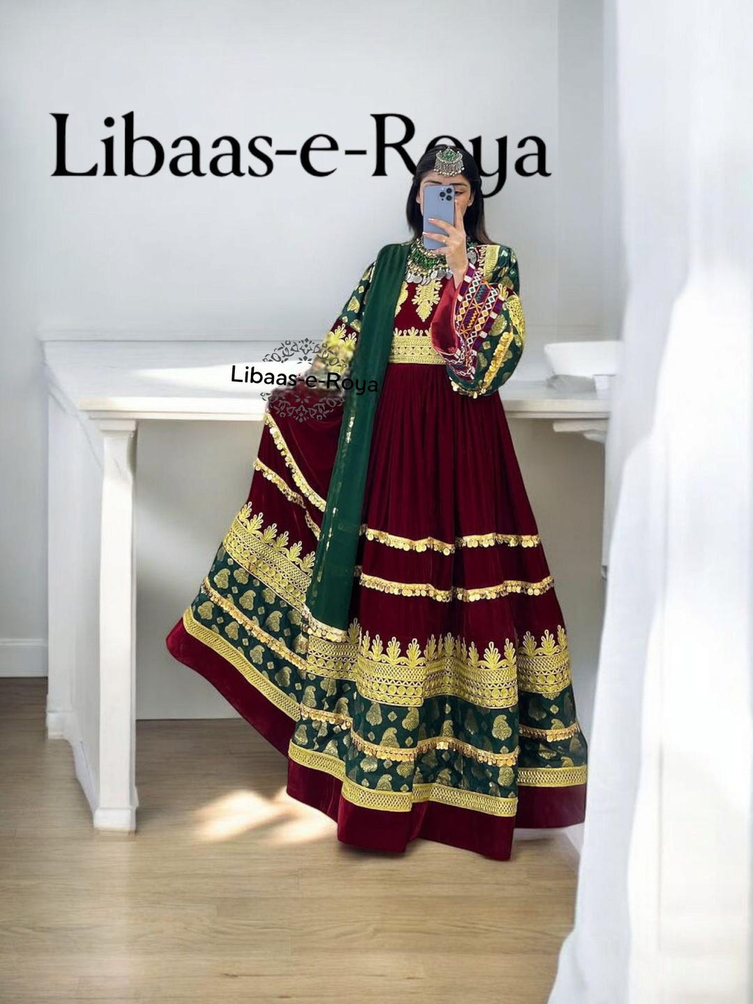 Elegant Traditional Afghan Dress - Maroon & Green With Golden Embroidery | Libaas-e-roya - Etsy