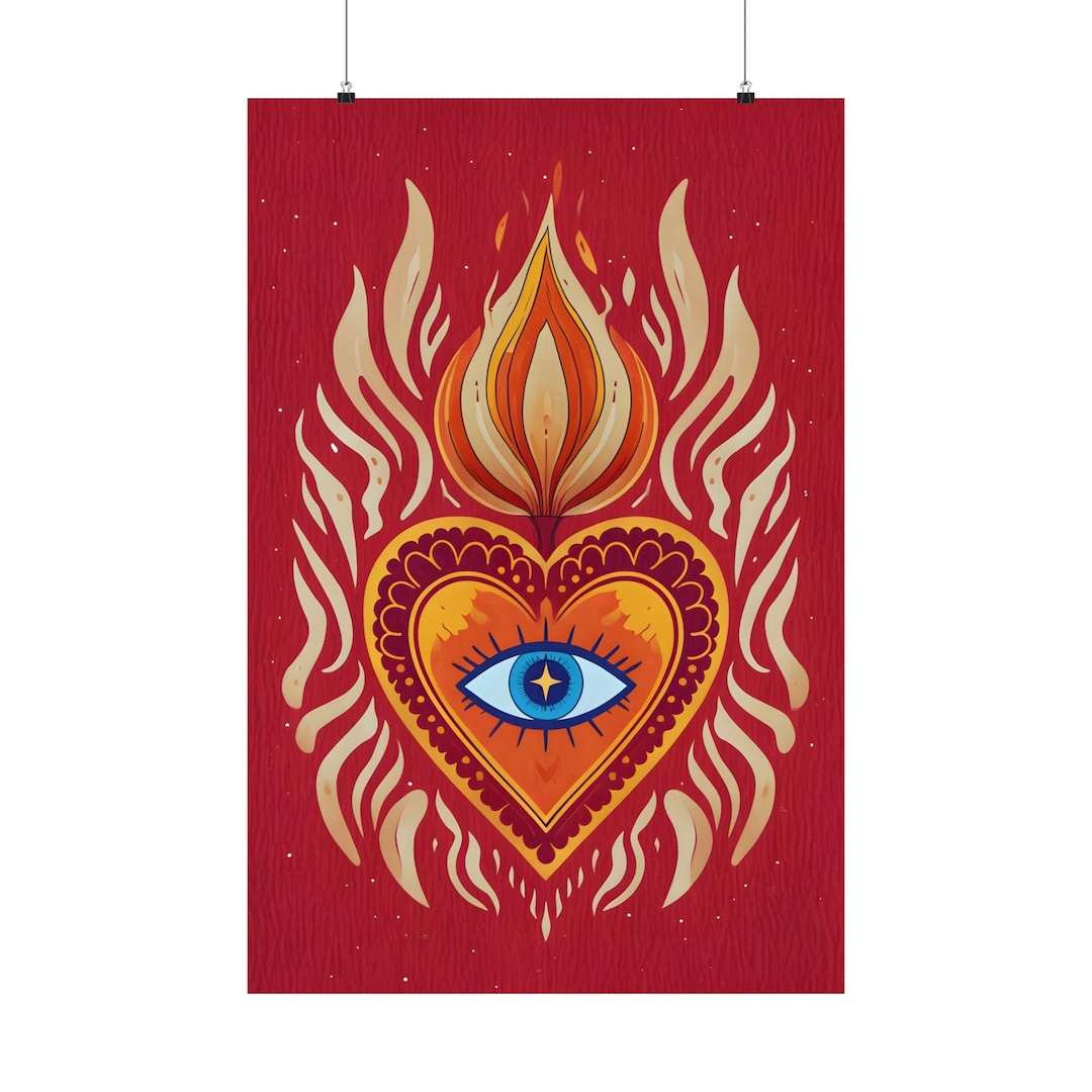 Mystic Sacred Heart Poster, Matte Vertical Art Print, Red Flames, Blue ...