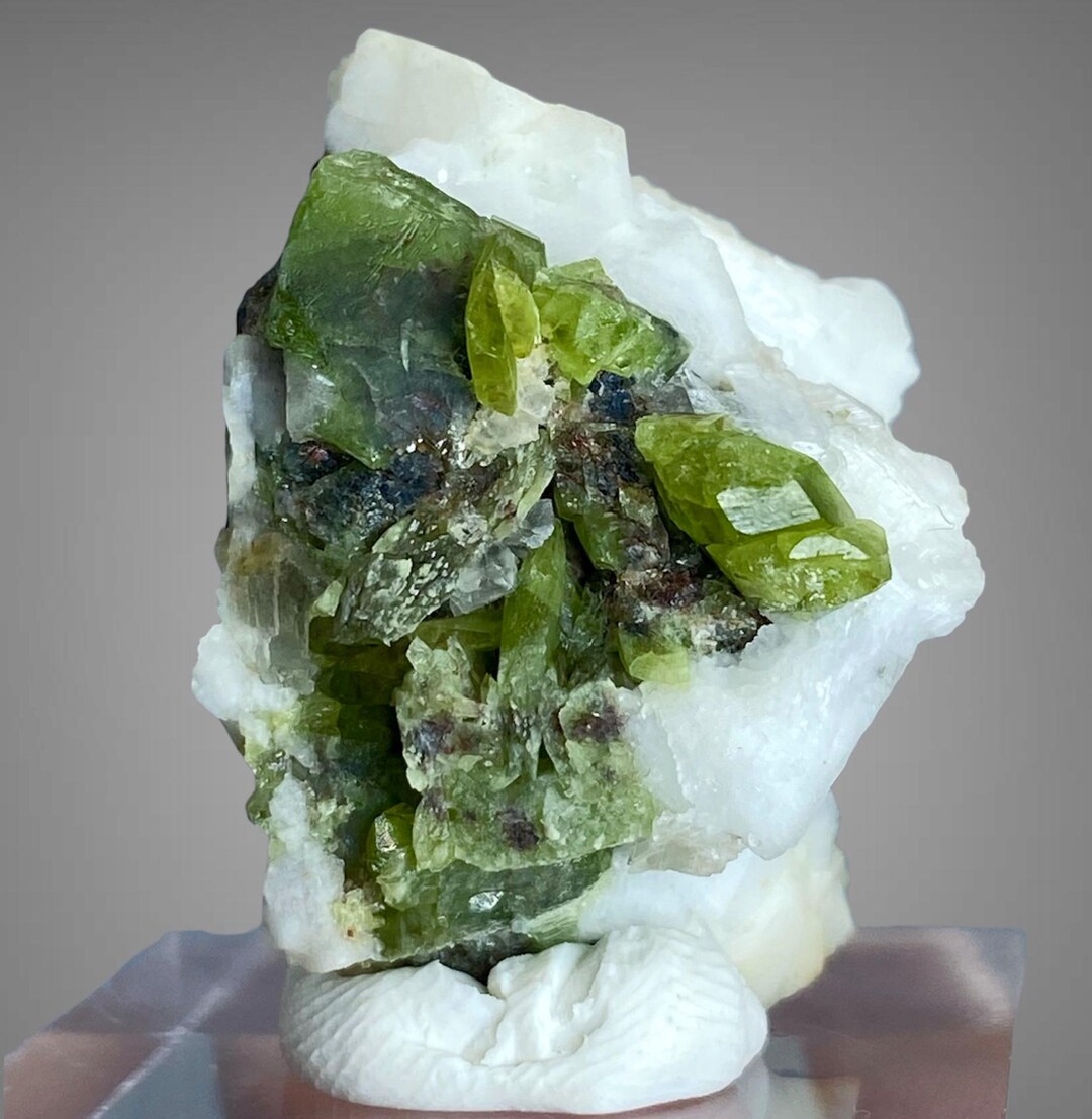 67 Carat Unique Rare Natural Green Sphene TITANITE Crystal on Feldspar ...