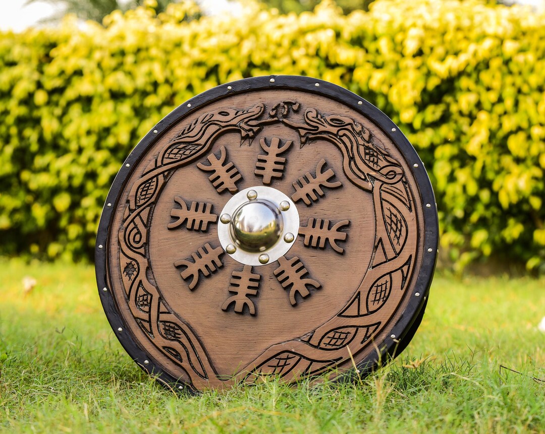 Handmade Viking Shield – Vegvisir Carved Wooden Shield With Norse ...