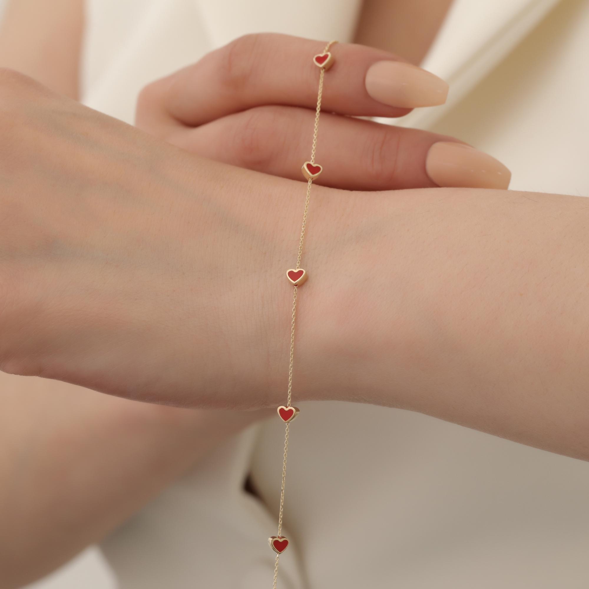 14K Gold Minimalist Red Heart Bracelet, Small Heart Bracelet, - Etsy
