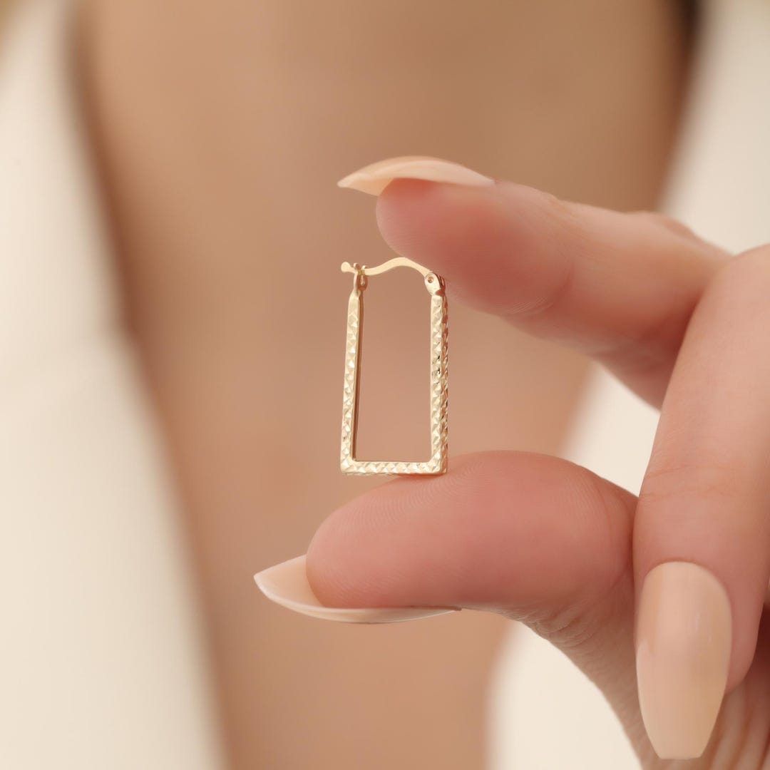 14K Solid Gold Long Rectangle Tube Hoop Earrings, - Etsy