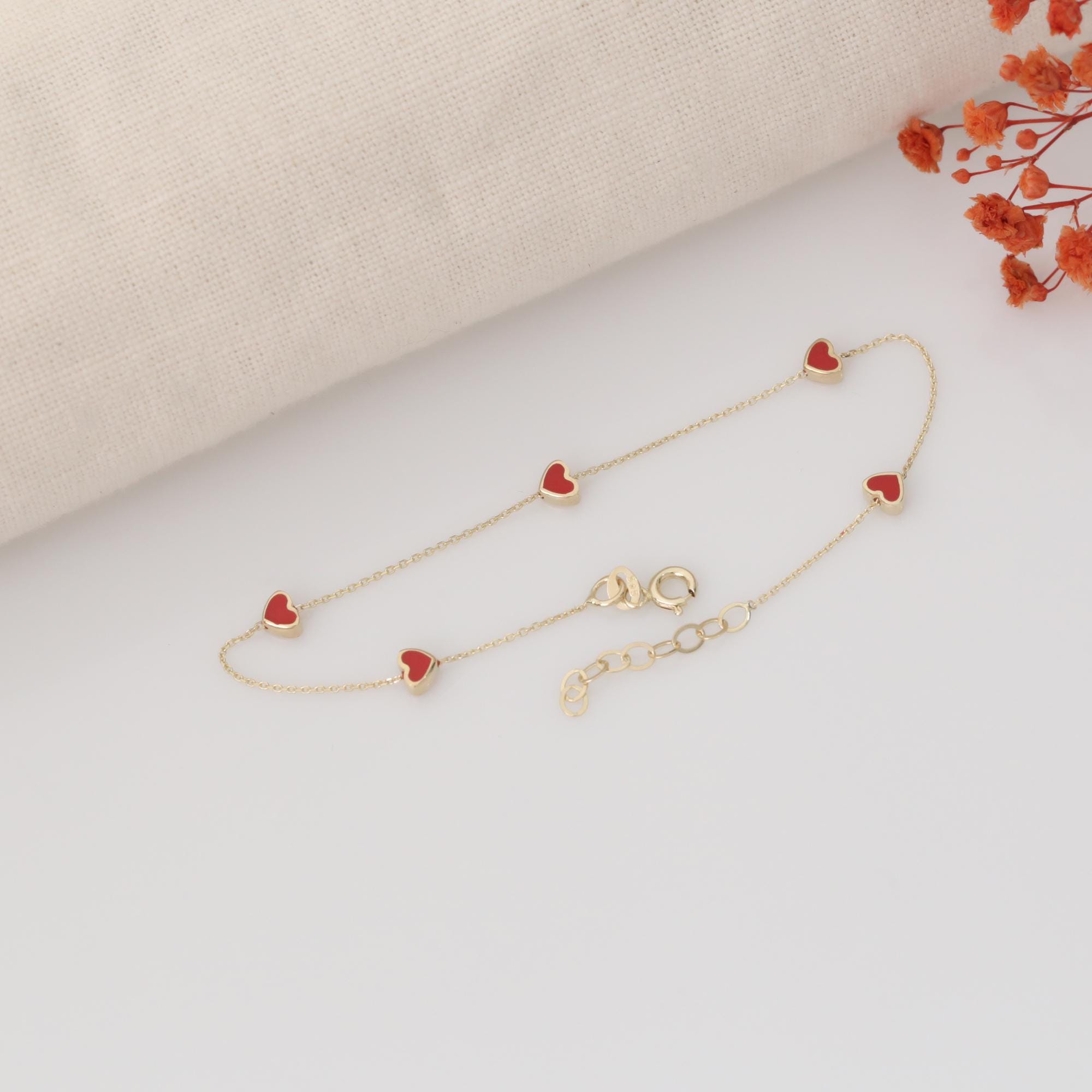 14K Gold Minimalist Red Heart Bracelet, Small Heart Bracelet, - Etsy