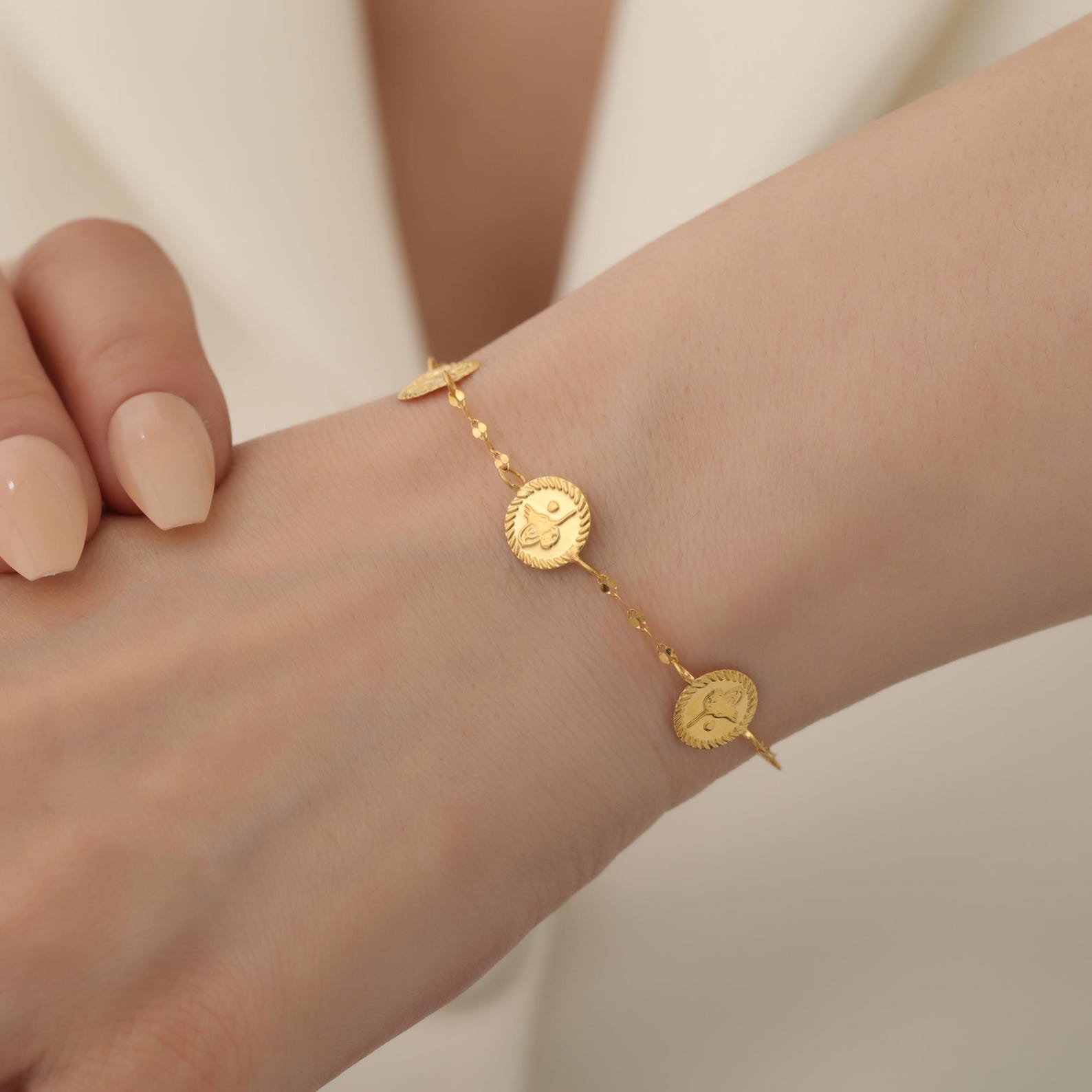 14K Solid Gold Ottoman Monogram Bracelet,ottoman Sign Pressed Disc - Etsy