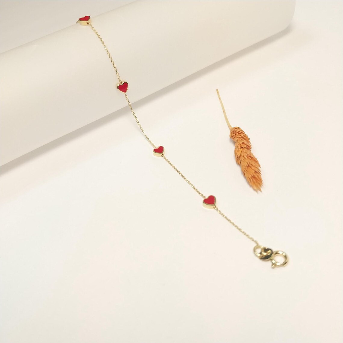 14K Gold Minimalist Red Heart Bracelet, Small Heart Bracelet, - Etsy