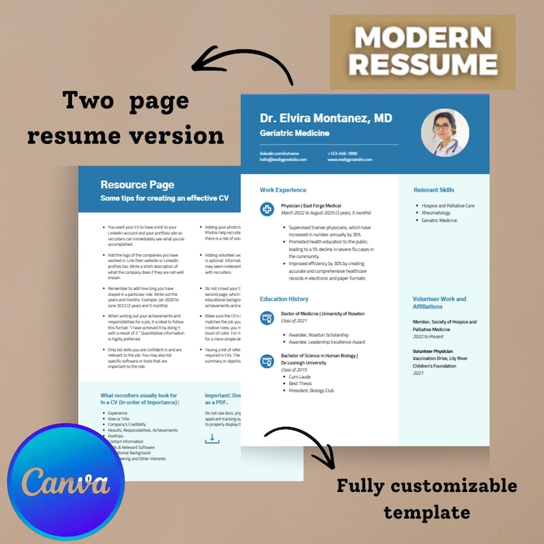 Modern Resume Template, Photo CV, Cover Letter, Canva & Mac Pages ...