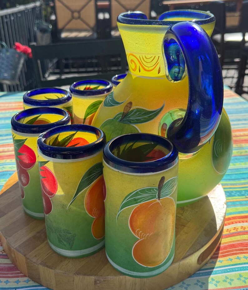 Hand-painted Mexican Pitcher and Glasses Set With Fruit Design - Etsy
