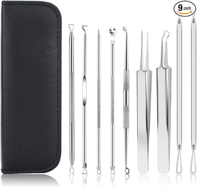 9 PCS Blackhead Remover Tools With Tweezers, 16-heads Professional Acne ...
