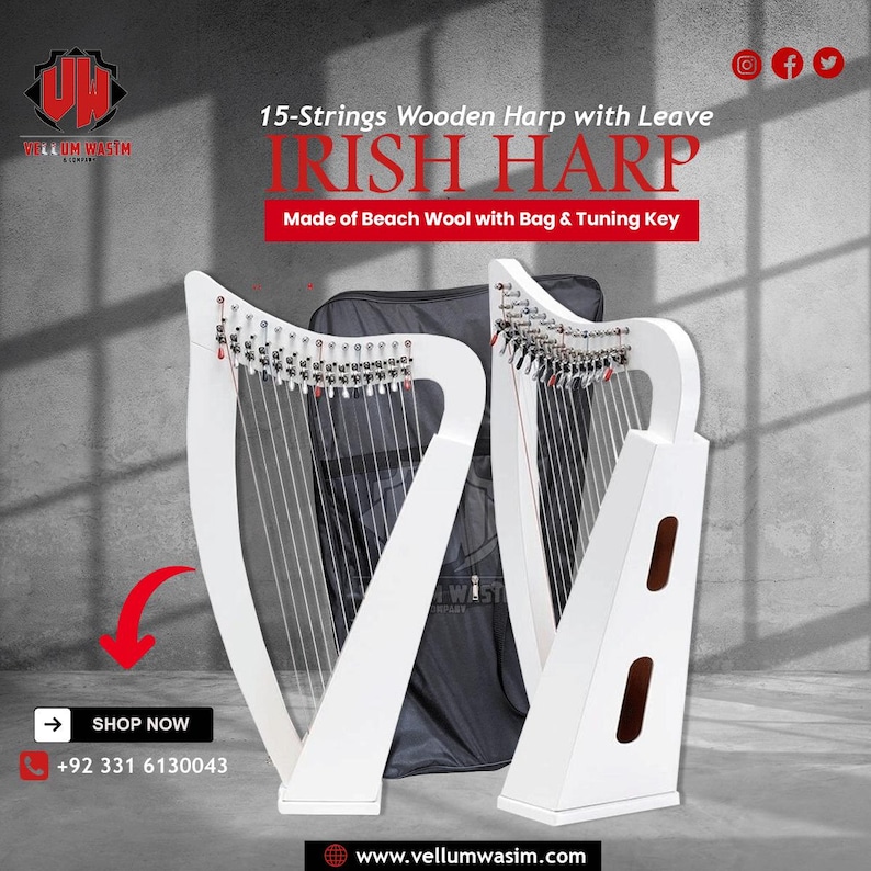 New 15 Strings Irish Harp, Celtic Irish Harp With Levers & Bag Made of ...
