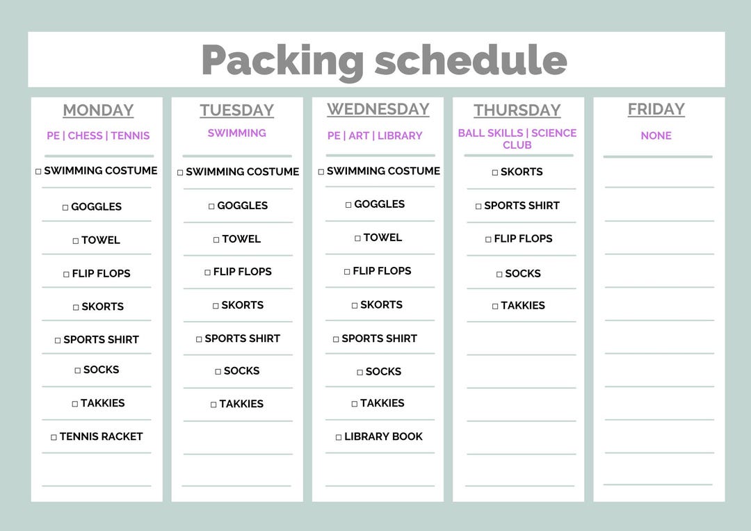 Kids' School Packing Schedule – Printable Weekly Checklist! - Etsy