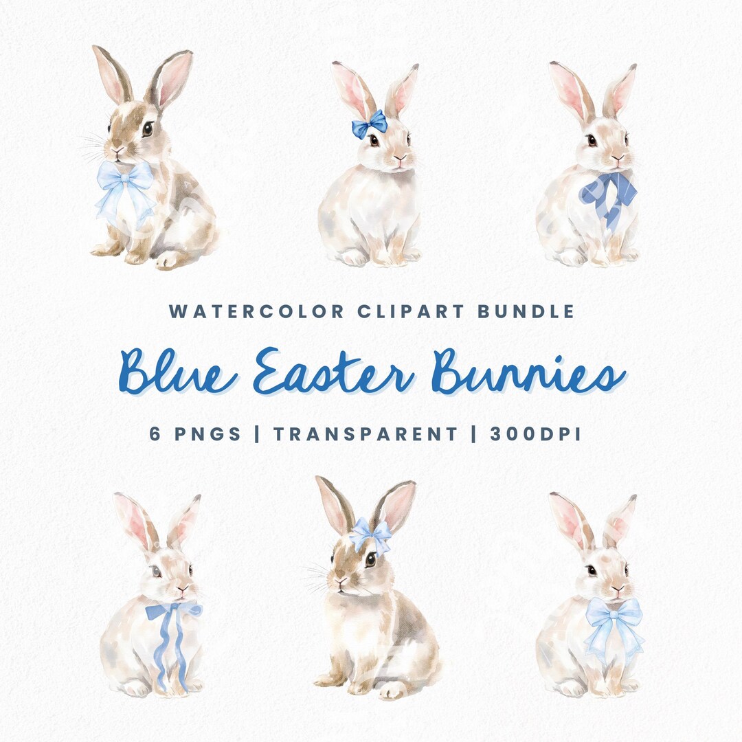 Blue Easter Bunny Watercolor Clipart Bundle, Spring Bow PNG (digital ...