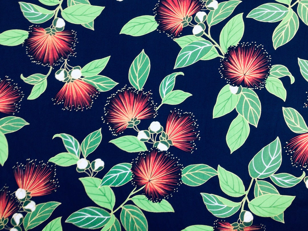 Navy Blue Lehua Blossom Tropical Hawaiian Print Fabric in 100% Cotton ...