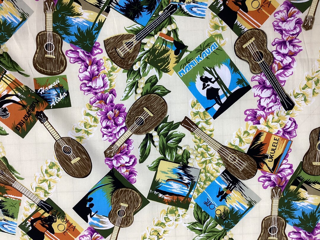 Classic Ukulele Postcard Hawaiian Print 100% Cotton Fabric Sold by the ...