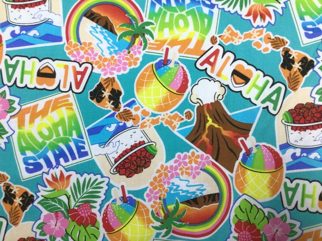 Aloha State in Turquoise Background 100 % Cotton Hawaiian Print Fabric ...