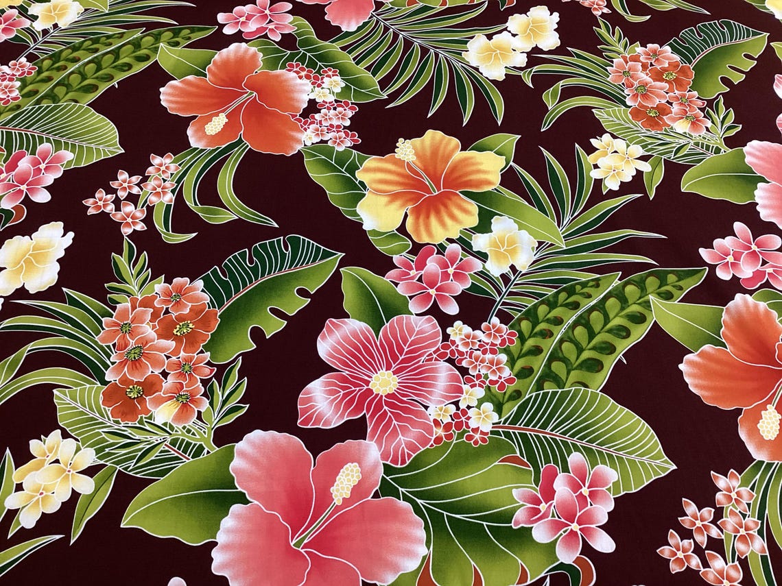 Beautiful Tropical Hawaiian Print Fabric in Chocolate Brown Background ...