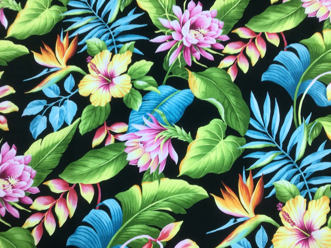 Tropical Hawaiian Print Fabric in Black Background 100% Cotton Sold by ...