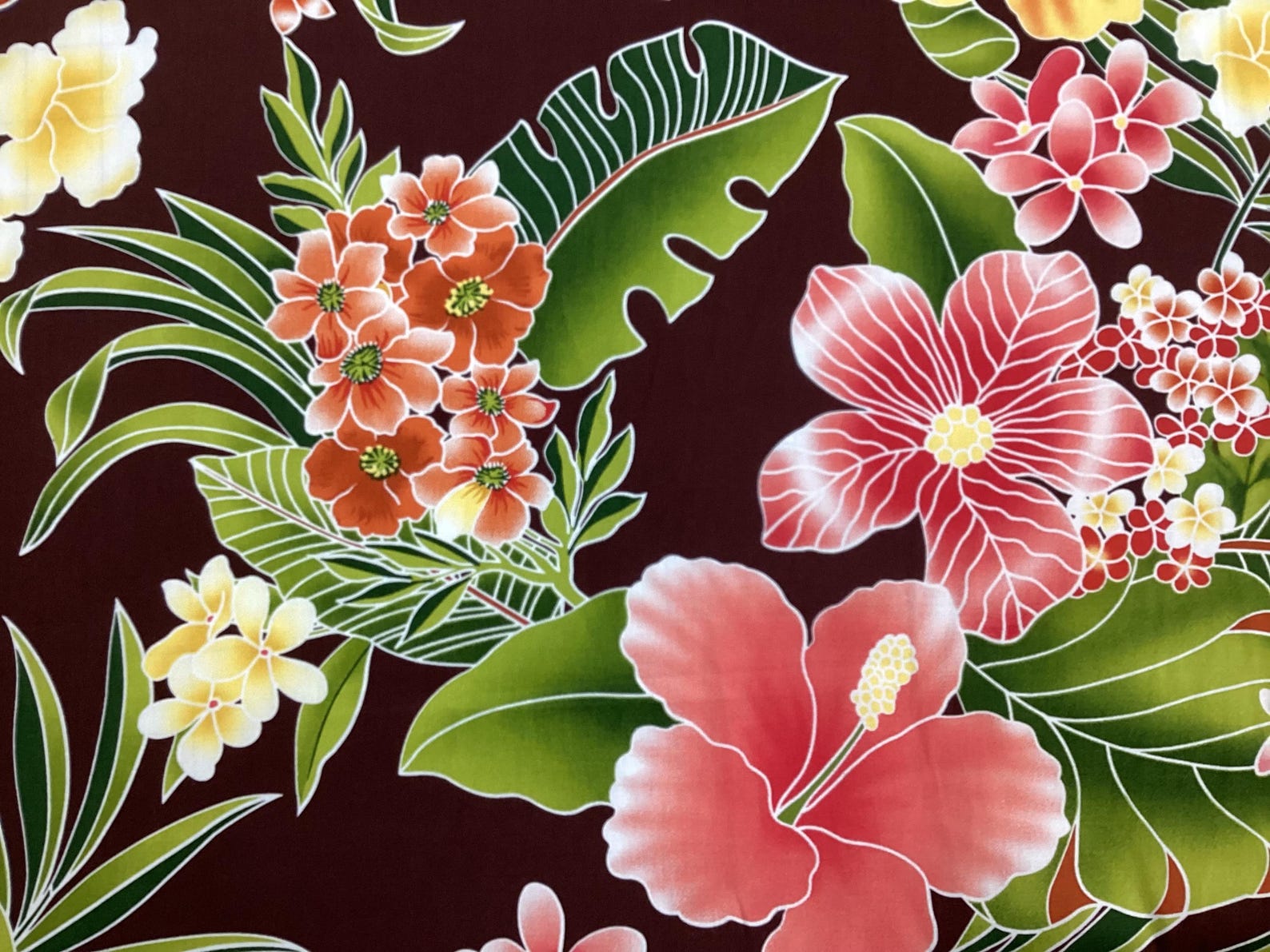 Beautiful Tropical Hawaiian Print Fabric in Chocolate Brown Background ...