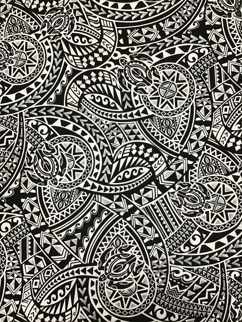 Black / Gray Honu Tribal Hawaiian Print in Poly-cotton (yardage ...