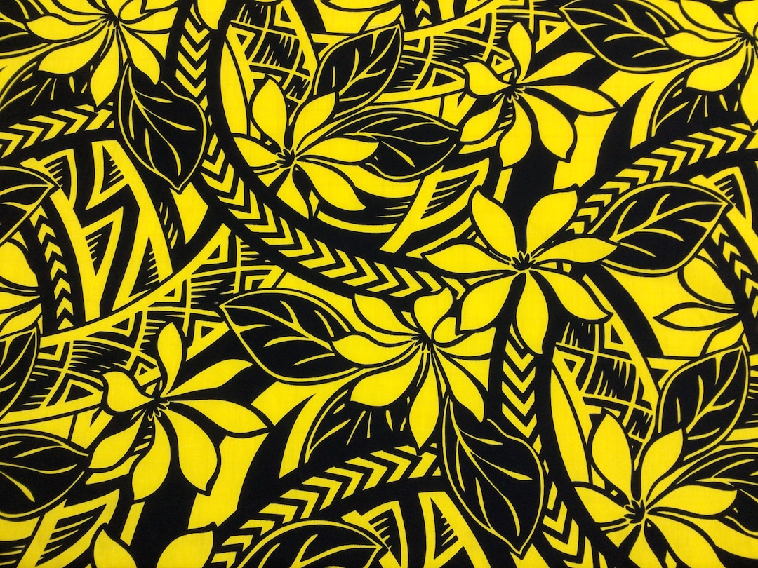 Yellow and Black Tribal With Tiare Flowers Hawaiian Print in Poly ...