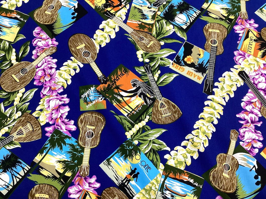 Classic Ukulele Postcard Hawaiian Print 100% Cotton Fabric Sold by the ...