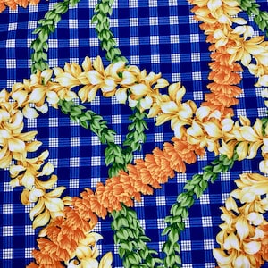 Beautiful Flower Leis on Printed Blue Palaka Hawaiian Print 100% Cotton ...