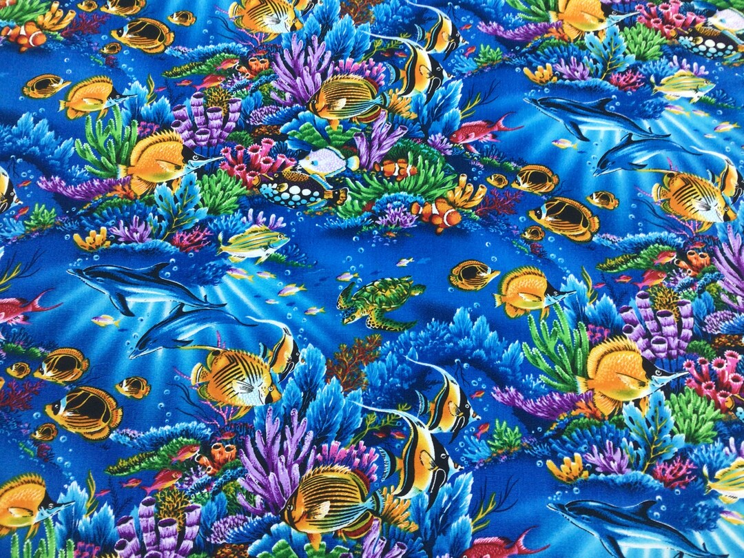 Turquoise Background Tropical Fish in Blue Hawaiian Print Fabric 100% Cotton Sold by the Yard ...
