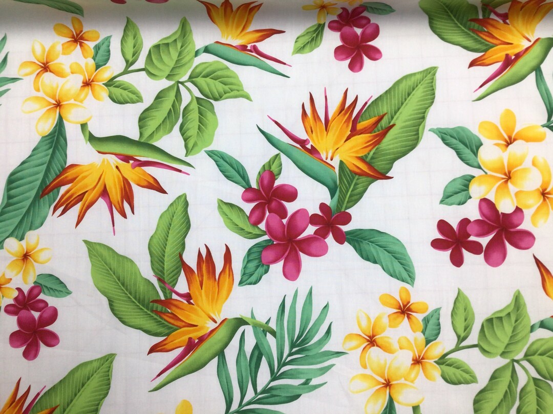 Tropical Hawaiian Print Fabric in White Background Printed in Japan 100 ...