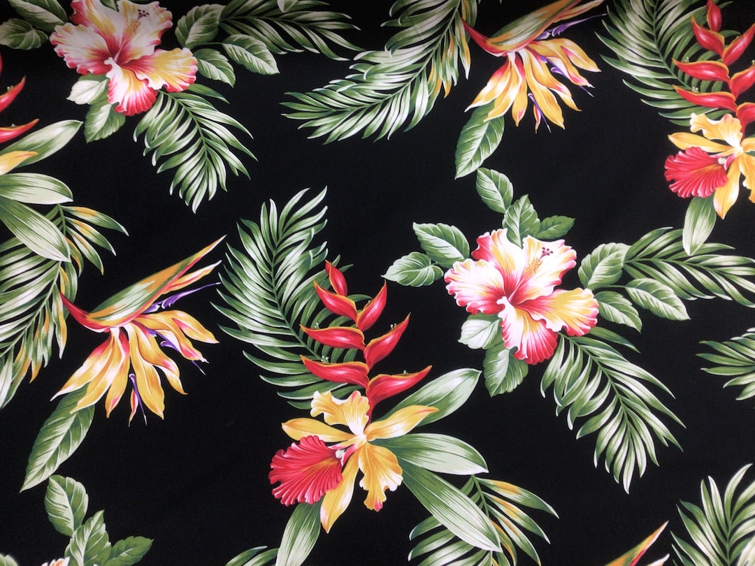 Tropical Hawaiian Print Cotton Fabric in Black Background. (yardage ...