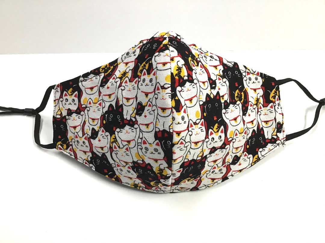 Japanese Neko Good Luck Cat Face Mask Triple Lined Adjustable Elastic ...