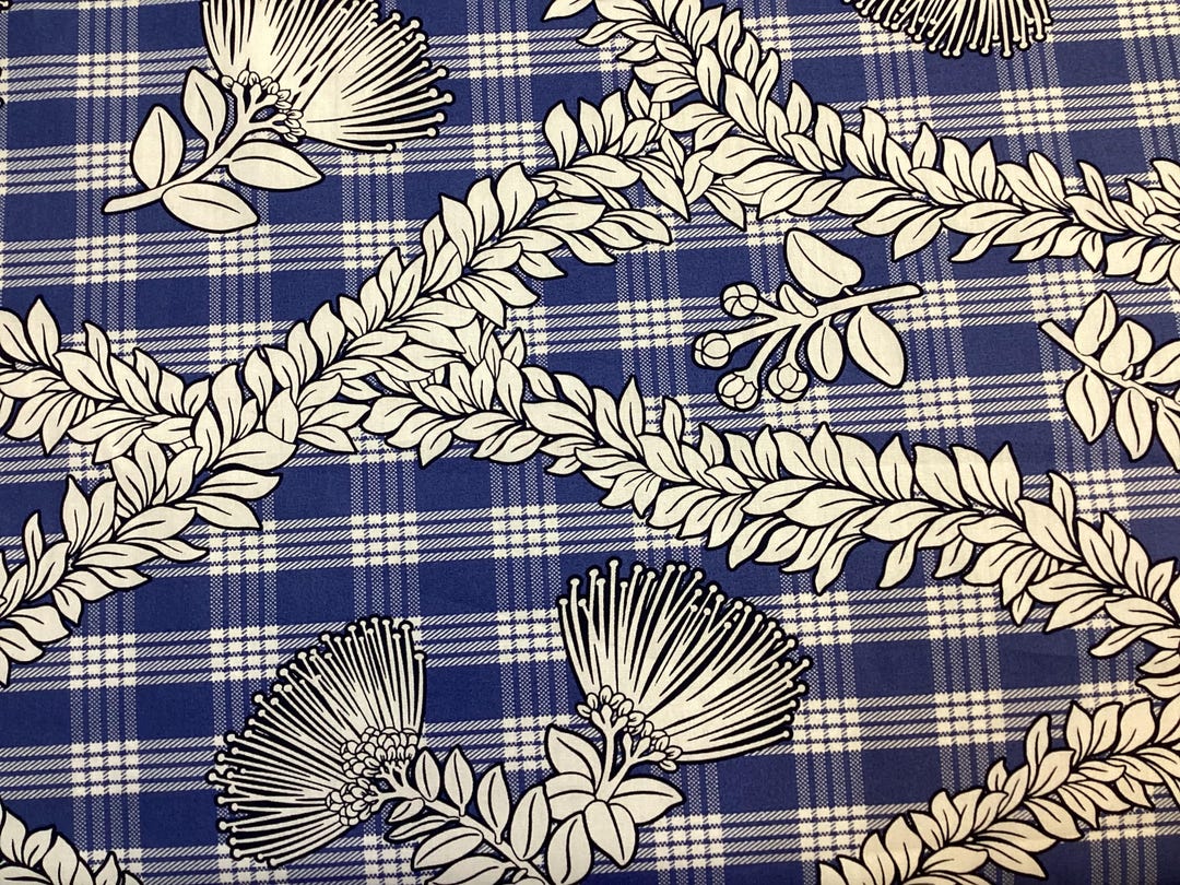 Blue Palaka With Tropical Leis and Lehua Blossoms Hawaiian Print Fabric ...