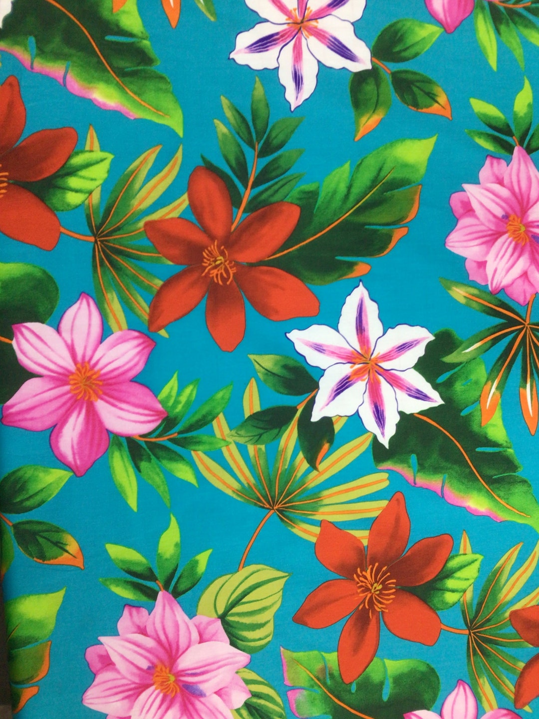 Tropical Hawaiian Print Fabric in Turquiose Background 100% Cotton Sold ...