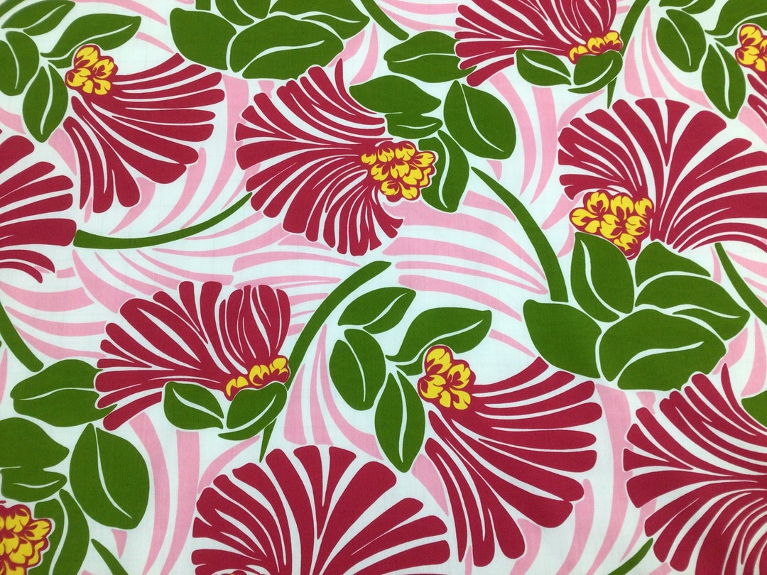 Beautiful Lehua Blossoms in Pink on Creme Background Hawaiian Print ...
