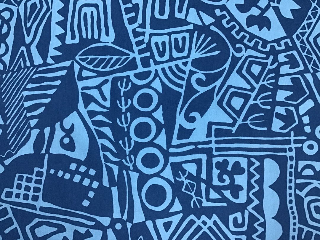 Retro Tribal in Light Blue/dark Blue Background Hawaiian Print Fabric ...