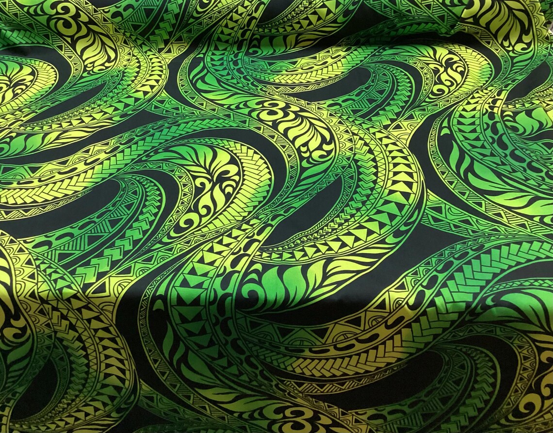 Swirly Tribal in Green Background Hawaiian Print Fabric in 100% Cotton ...