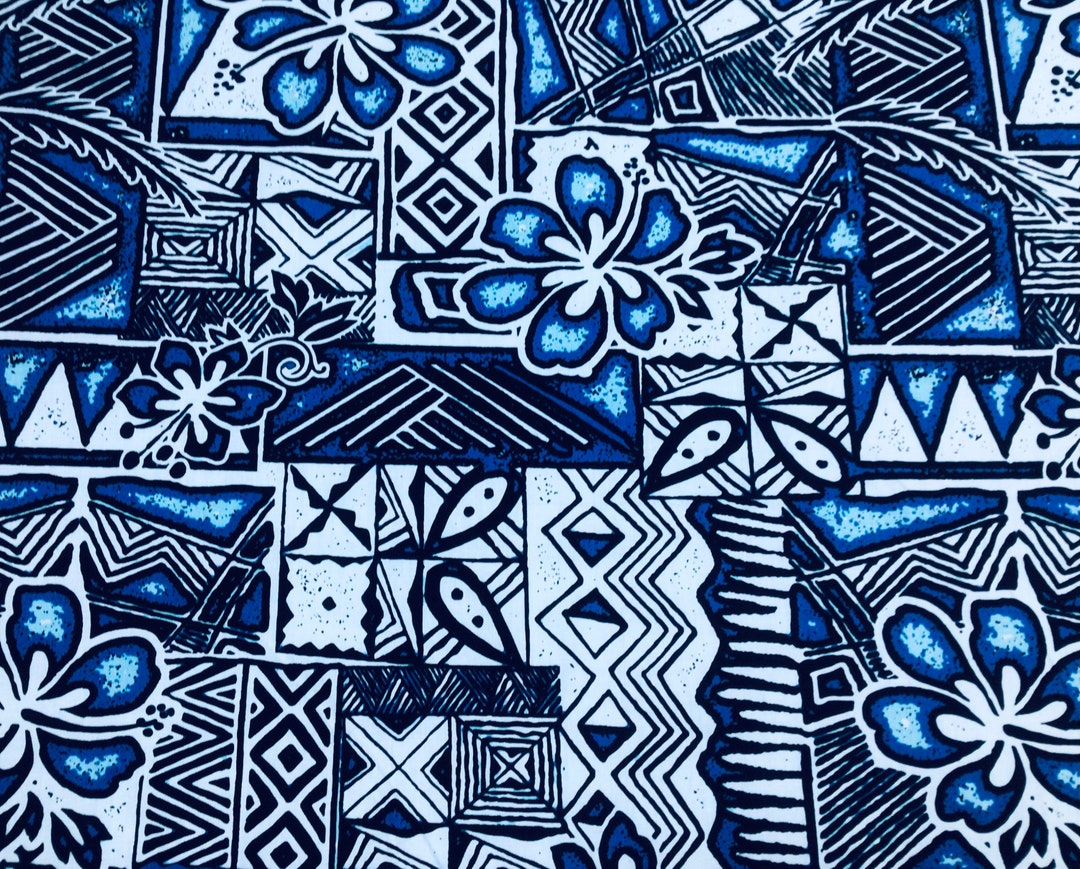 Poly Cotton Tapa Design Hawaiian Print Fabric in Blue Sold by the Yard ...