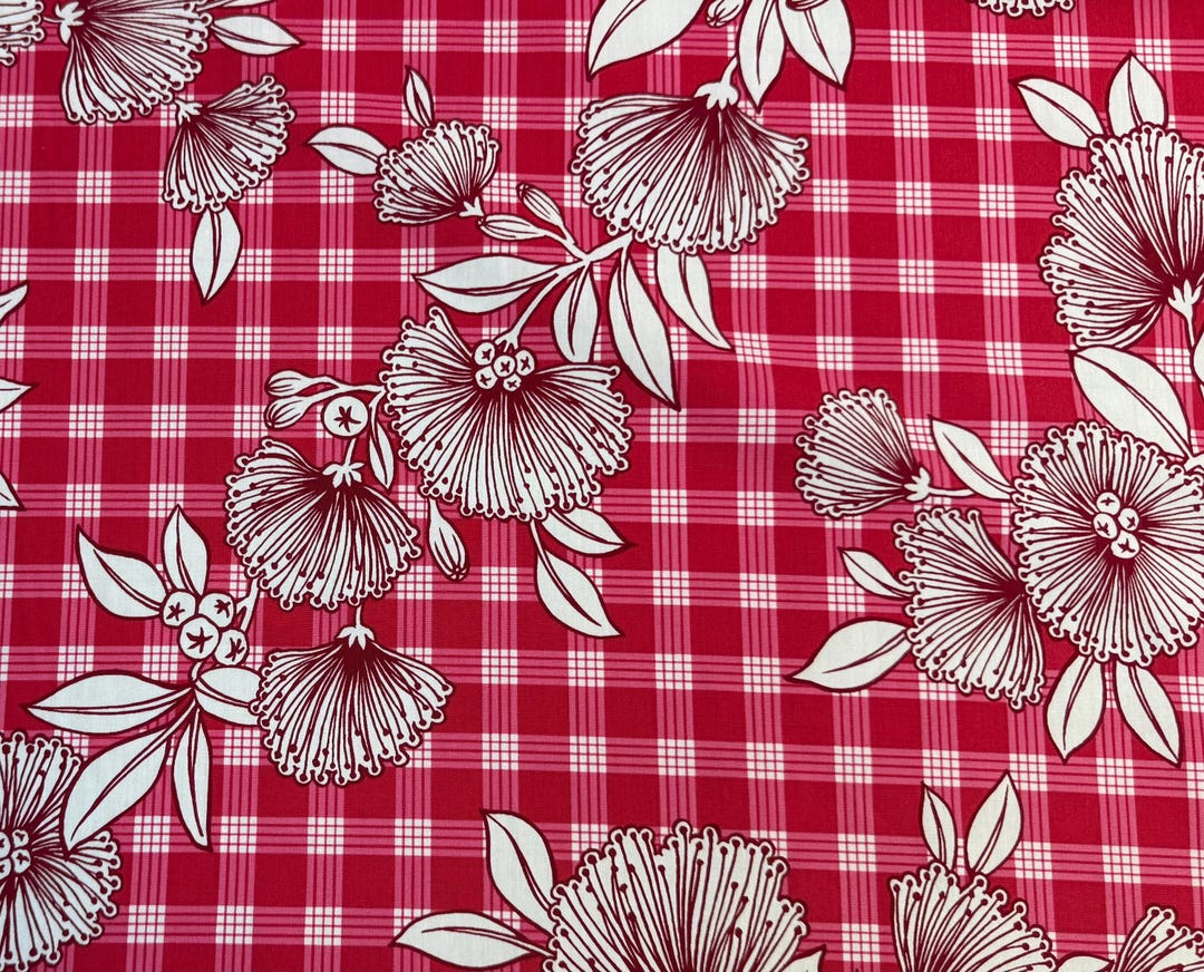 Trendtex Hawaiian Lehua Blossoms on Printed Red Palaka Hawaiian Print ...
